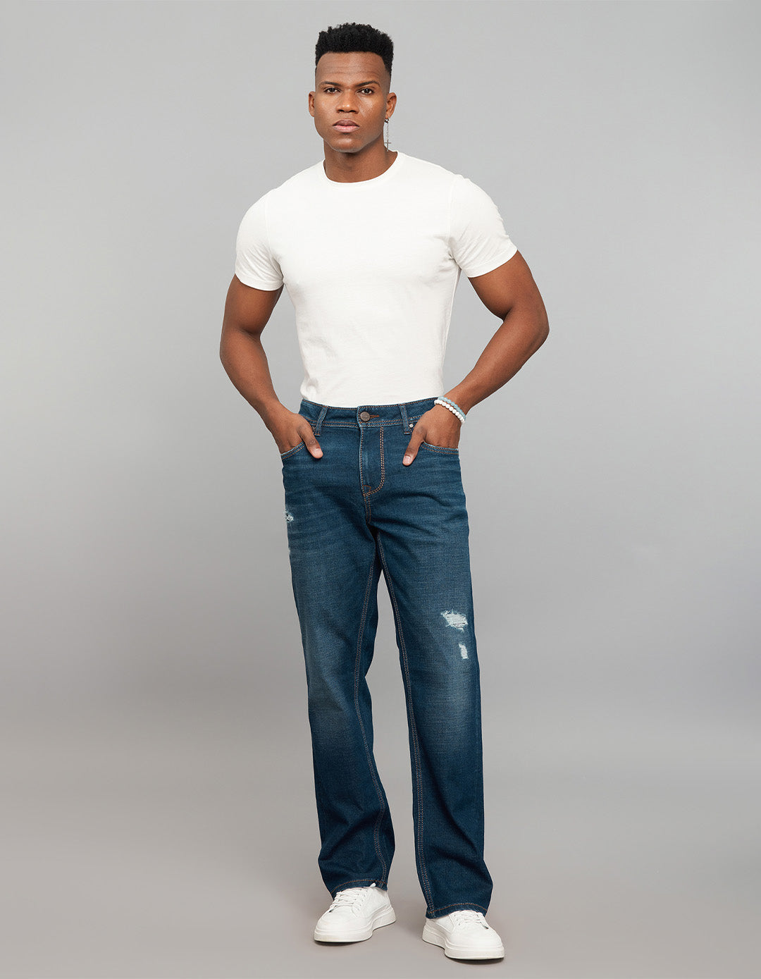 Dark Blue 5 Pocket Midrise, Comfort And Straight Fit Stretch Jeans ...