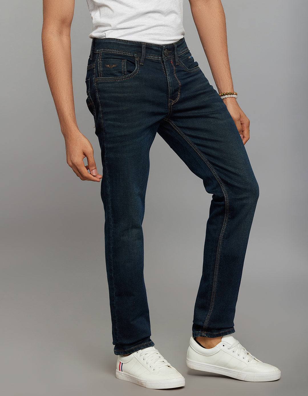 Dark Blue 5 Pocket Mid-Rise Slim Straight Fit Knit Jeans – ROOKIES