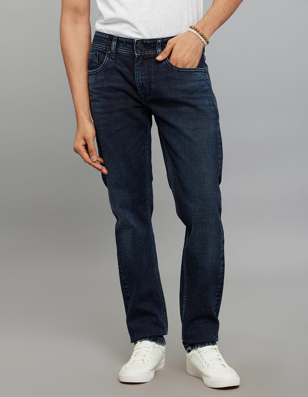 Dark Blue Mid-Rise Slim Straight Fit Stretch Jeans – ROOKIES