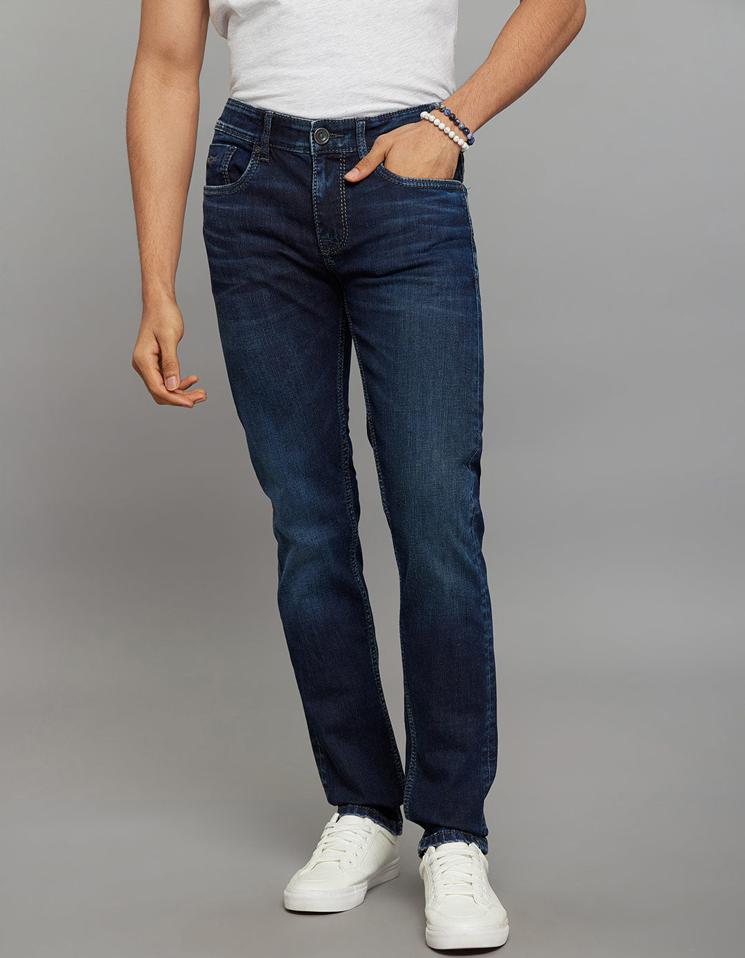 Dark Blue 5 Pocket Mid-Rise Slim Straight Fit Stretch Jeans – ROOKIES