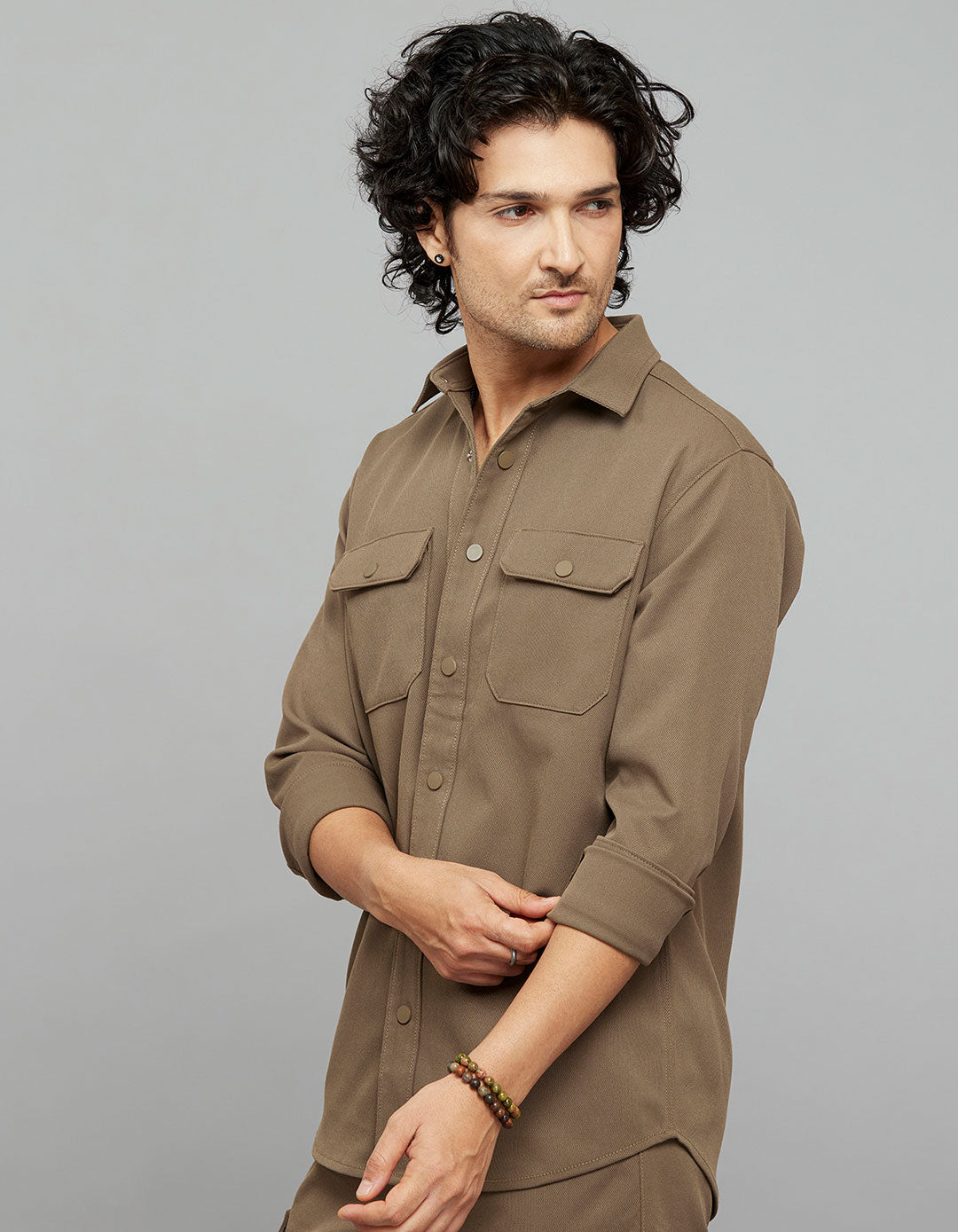 Khaki Full Sleeves Snap Button Front Closure Shacket – ROOKIES