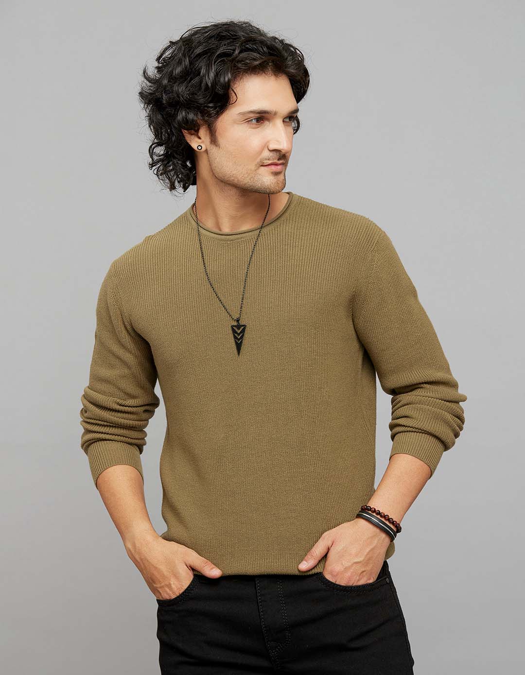 Dark Olive Round Neck Full Sleeves Flatknit – ROOKIES